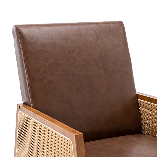Haplized Brwon Leather Rocking Chair, Modern Rattan Armrests Accent Chair with Padded Seat and High Backrest, Comfy Rocker for Nursery, Living Room, Bedroom