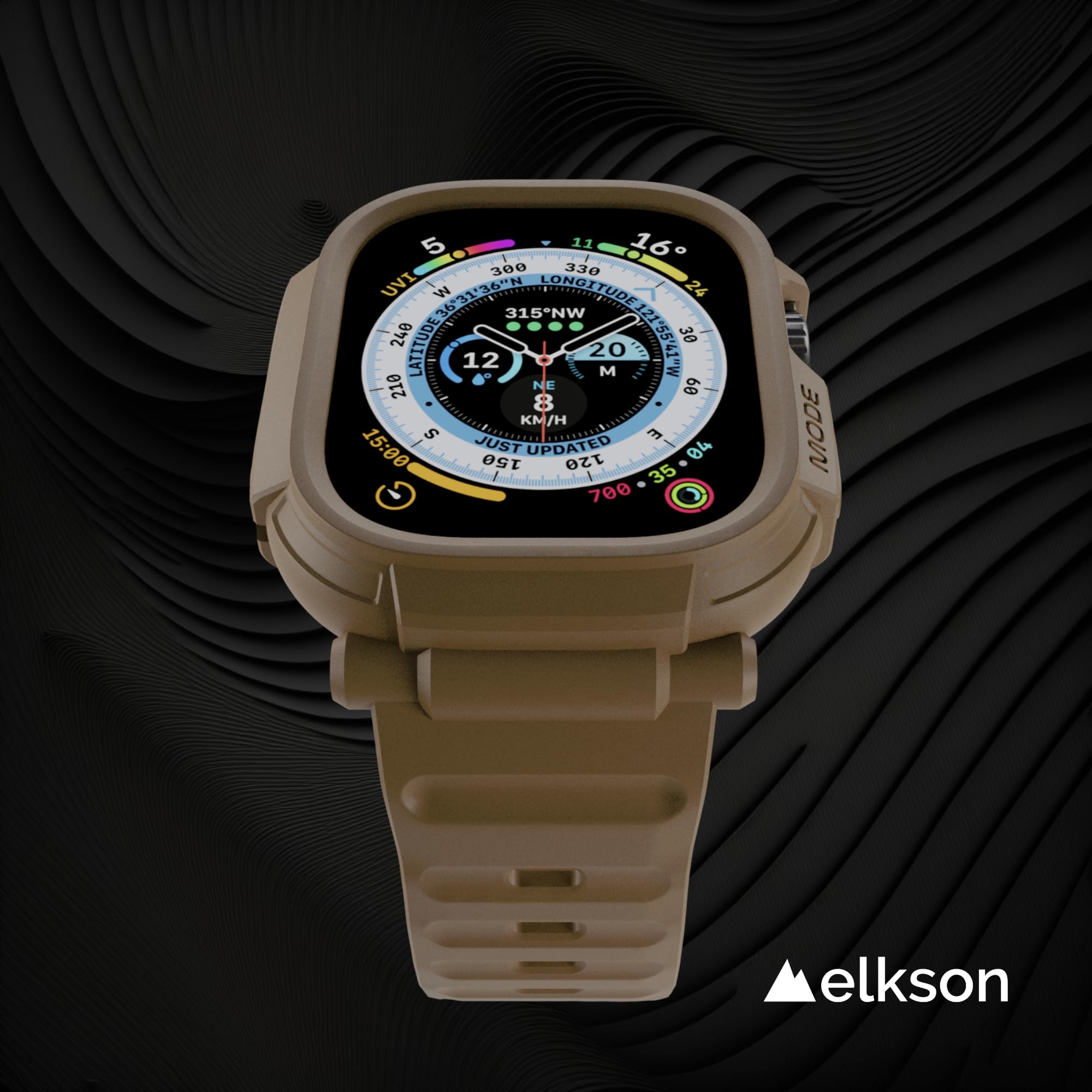 elkson Made for Apple Watch Ultra 2 1 Band case 49mm Screen Protector Tempered Glass, Quattro Pro Series Rugged for iWatch Bumper Strap Military Grade Durable Protective Cover Shock Proof Brown Tan