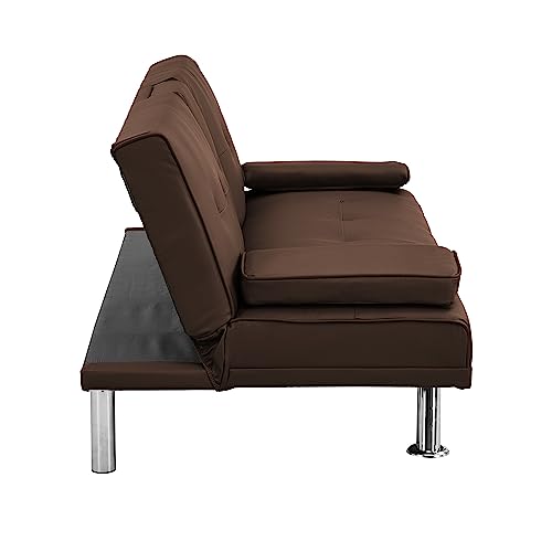 Eafurn Convertible Futon Bed with 2 Cup Holders, Modern Split-Back Folding Loveseat Sleeper w/Adjustable Backrest,Small Sofa & Couches Sofabed, Brown PU