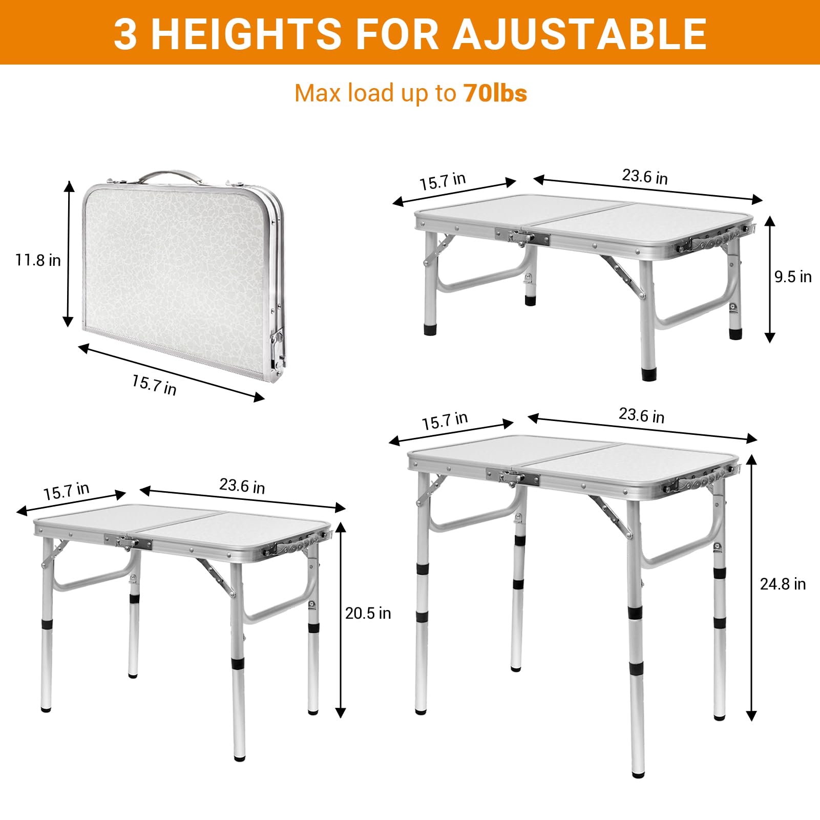 Folding Camping Table Small 3 Adjustable Height Portable Lightweight Table Aluminum for Outdoor Picnic Beach BBQ Cooking Home Use