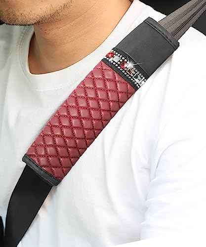 AOCISKA 2Pcs Car Seat Belt Cover Pads,Auto Seat Belt Cover,Seatbelt Shoulder Seatbelt Pads Cover for a More Comfortable Driving,Sparkling Rhinestone Shoulder Strap (Wine Red)