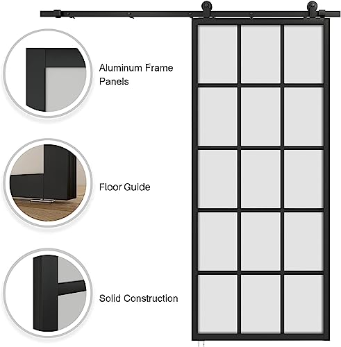 BARNSMITH 36in x 84in Frosted Glass Barn Door with 6.6FT Top Mounted Hardware kit Include Soft Close Mechanism DIY 15 Lites Modern Aluminum Frame Glass Sliding Barn Door Disassembled Easy Installation