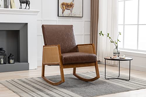 Haplized Brwon Leather Rocking Chair, Modern Rattan Armrests Accent Chair with Padded Seat and High Backrest, Comfy Rocker for Nursery, Living Room, Bedroom