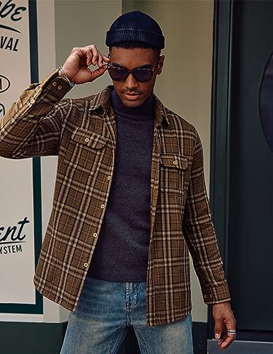 Mens Vintage Plaid Shacket Jacket Flannel Shirt for Men Button Down Shirt Jacket Tops Coffee