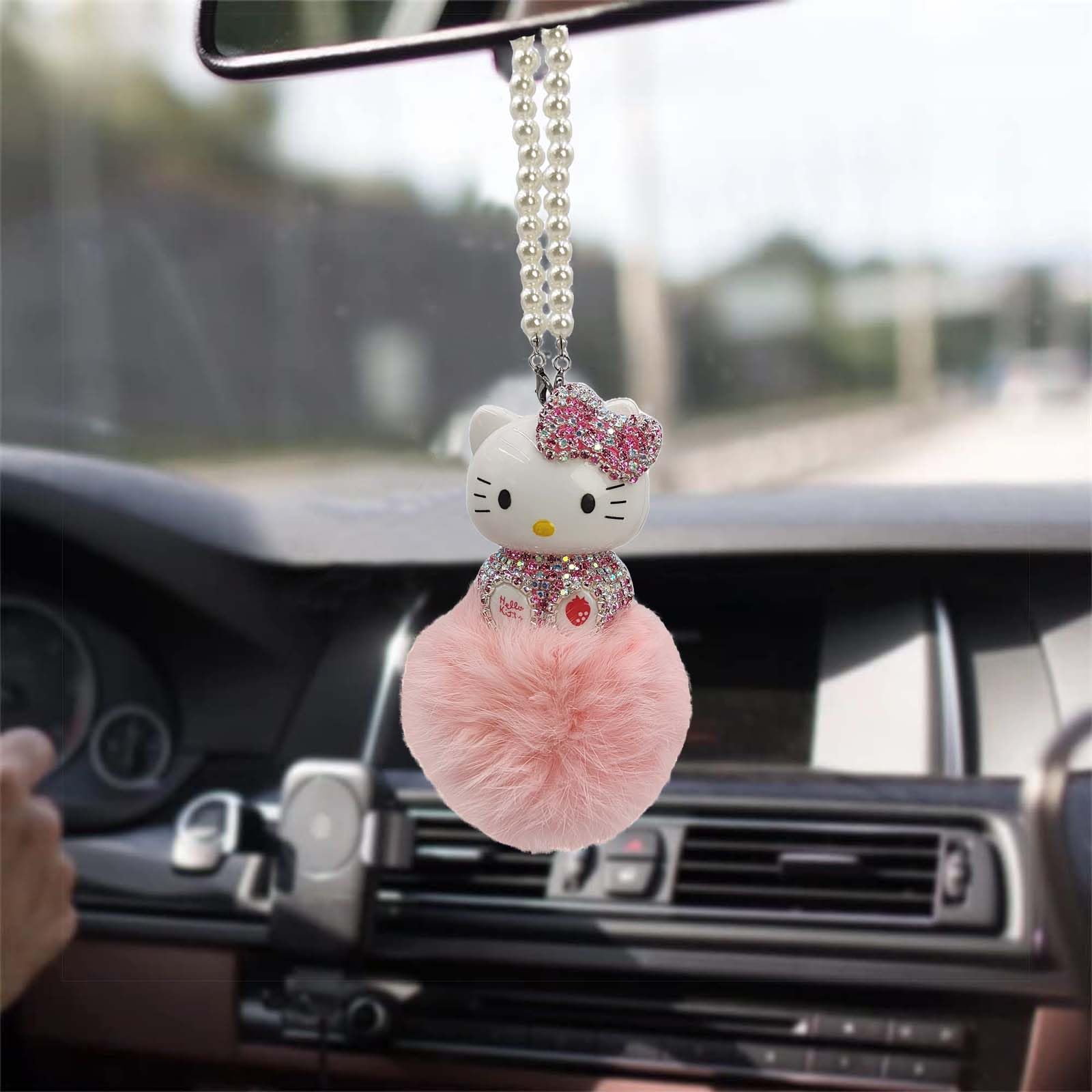 Car Mirror Accessories Cute for Women and Girls, Bling Diamond Cat and Plush Ball Car Accessories, Lucky Car Rear View Mirror Charms, Plush Hanging Ornament Car Interior Decor(Pink)