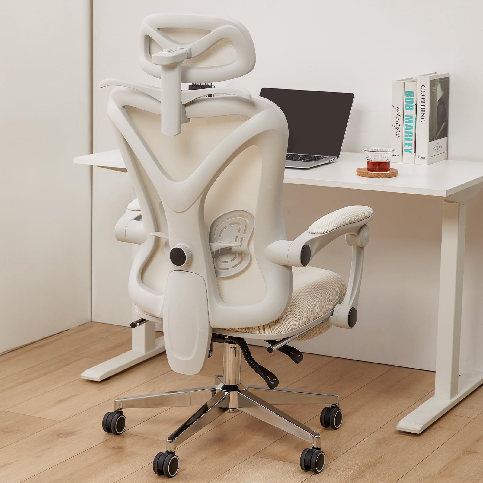 GGN Ergonomic Office Chair with Foot Rest, White Reclining Desk Chair with Leg Rest, Mesh Computer Desk Chair with Adjustable Headrest & Lumbar Support, White
