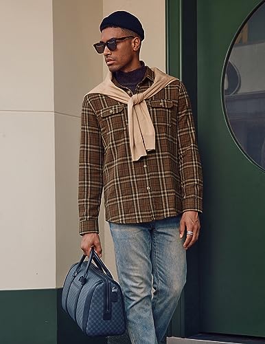 Mens Vintage Plaid Shacket Jacket Flannel Shirt for Men Button Down Shirt Jacket Tops Coffee