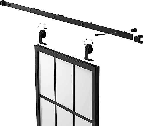 BARNSMITH 36in x 84in Frosted Glass Barn Door with 6.6FT Top Mounted Hardware kit Include Soft Close Mechanism DIY 15 Lites Modern Aluminum Frame Glass Sliding Barn Door Disassembled Easy Installation
