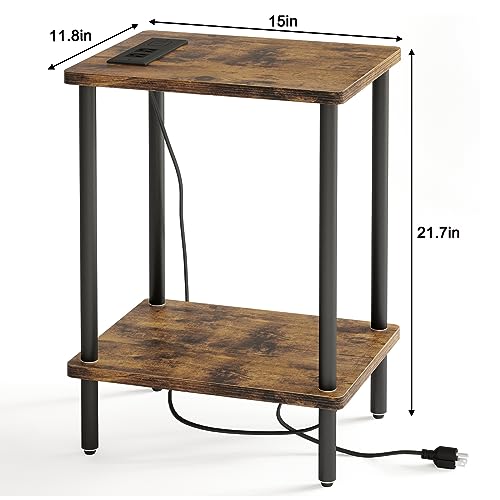 Fixwal 2-Tier Nightstand with Charging Station, End Table Set of 2, Side Table with USB Ports and Power Outlets, Side Table for Living Room, Bedroom, Rustic Brown and Black