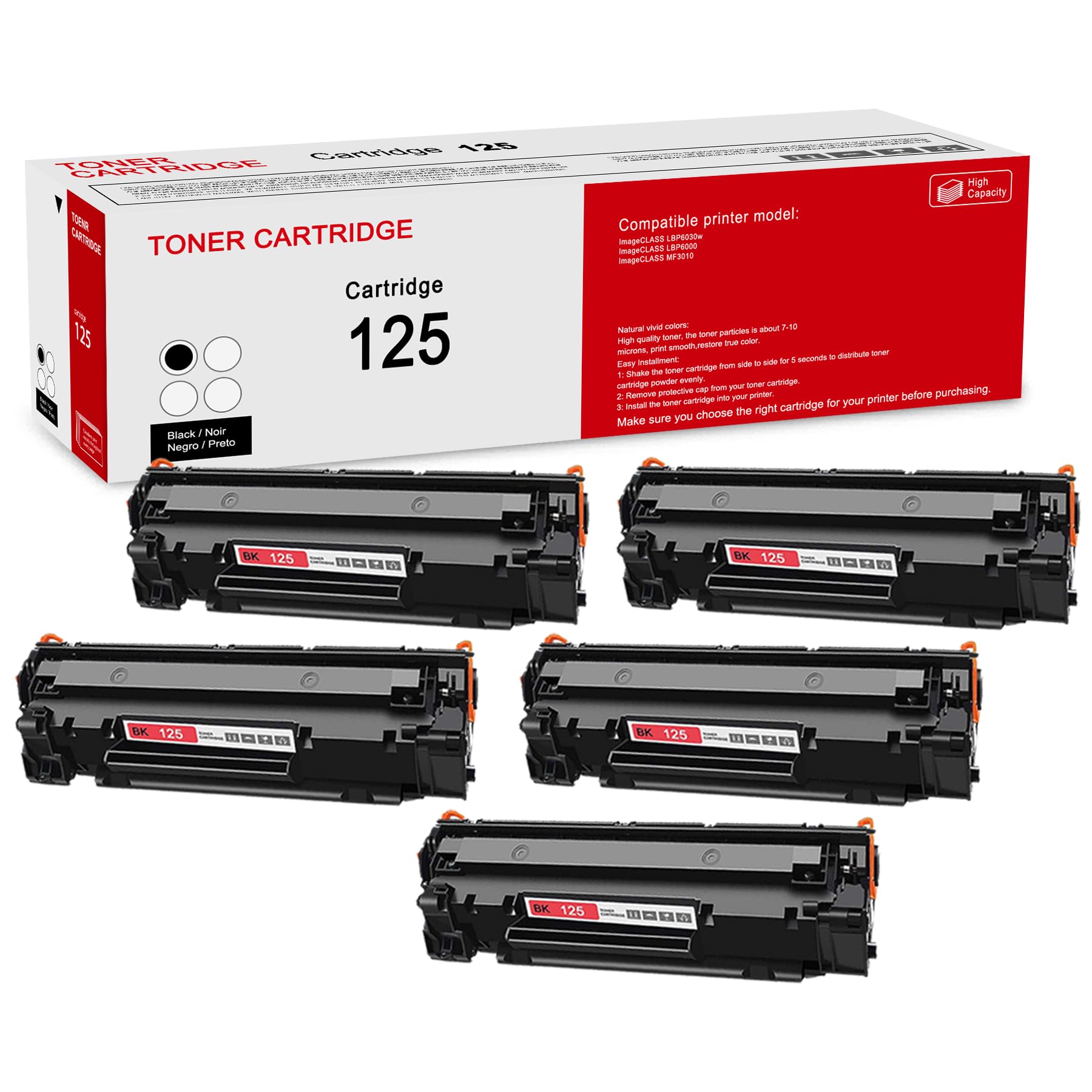 5 Pack CRG 125 3484B001AA Black Toner Cartridge: Compatible Replacement for Canon ImageCLASS LBP6030w, LBP6000, MF3010 Printer