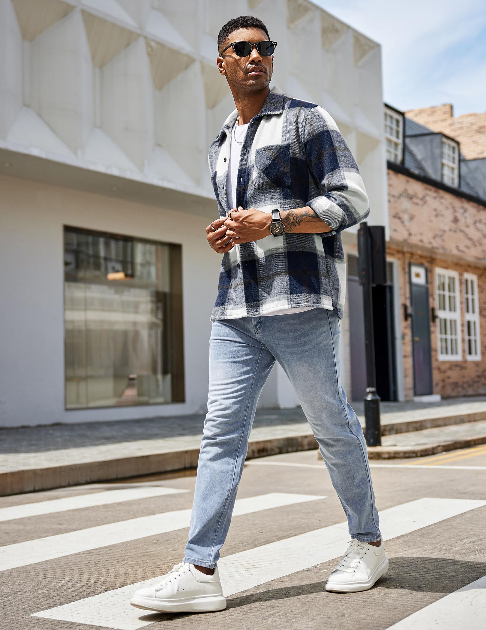 COOFANDY Mens Casual Jacket Lightweight Flannel Plaid Shirts Button Down Shirt for Daily Wear