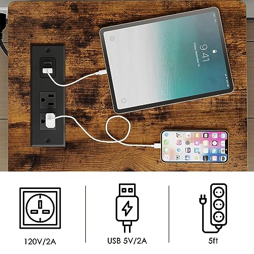 Fixwal 2-Tier Nightstand with Charging Station, End Table Set of 2, Side Table with USB Ports and Power Outlets, Side Table for Living Room, Bedroom, Rustic Brown and Black