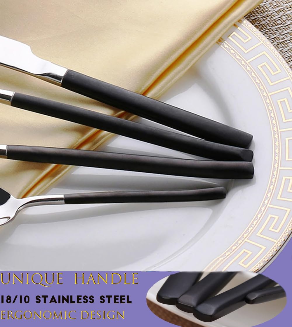 Thomaso 24-piece Black Handle and Silver Silverware Set,1810 Stainless Steel Flatware Service for 6, Cutlery Set with Black Streamlined Handle,Silver Spoons and Forks Set, Dishwasher Safe