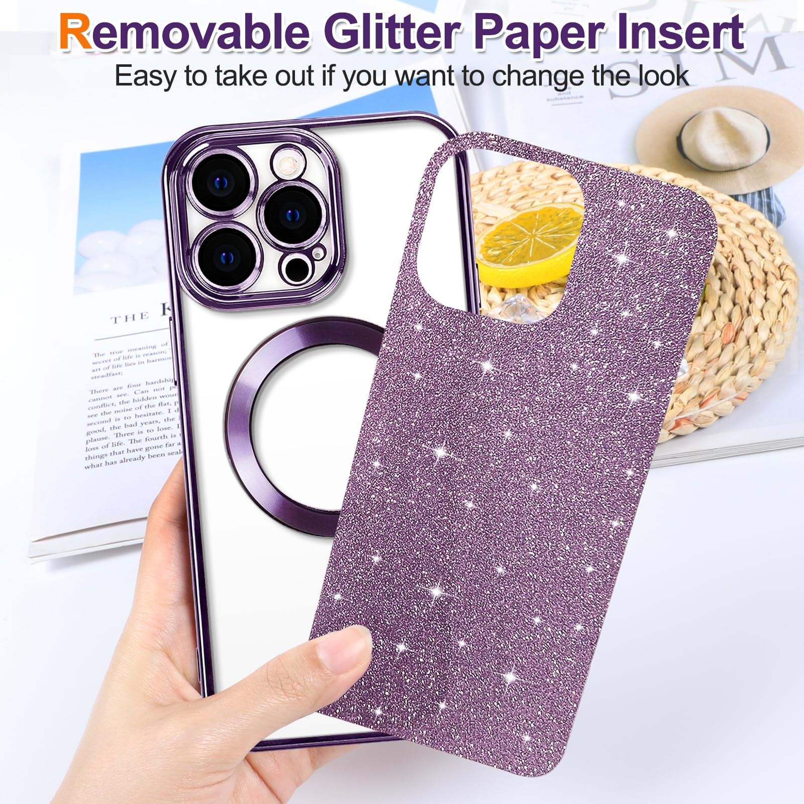 Hython for iPhone 14 Pro Max Case Glitter, Clear Magnetic Phone Cases with Camera Lens Protector [Compatible with MagSafe] Bling Sparkle Plating Soft TPU Slim Shockproof Protective Cover Women-Purple