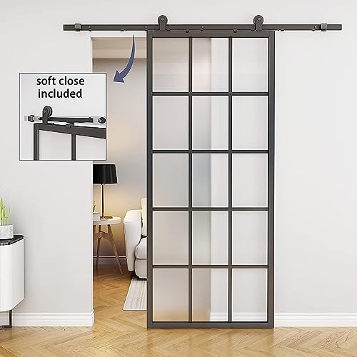 BARNSMITH 36in x 84in Frosted Glass Barn Door with 6.6FT Top Mounted Hardware kit Include Soft Close Mechanism DIY 15 Lites Modern Aluminum Frame Glass Sliding Barn Door Disassembled Easy Installation
