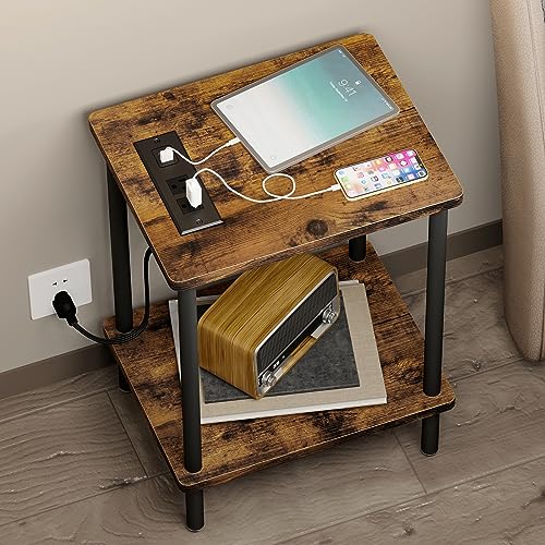 Fixwal 2-Tier Nightstand with Charging Station, End Table Set of 2, Side Table with USB Ports and Power Outlets, Side Table for Living Room, Bedroom, Rustic Brown and Black