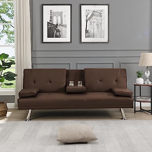 Eafurn Convertible Futon Bed with 2 Cup Holders, Modern Split-Back Folding Loveseat Sleeper w/Adjustable Backrest,Small Sofa & Couches Sofabed, Brown PU
