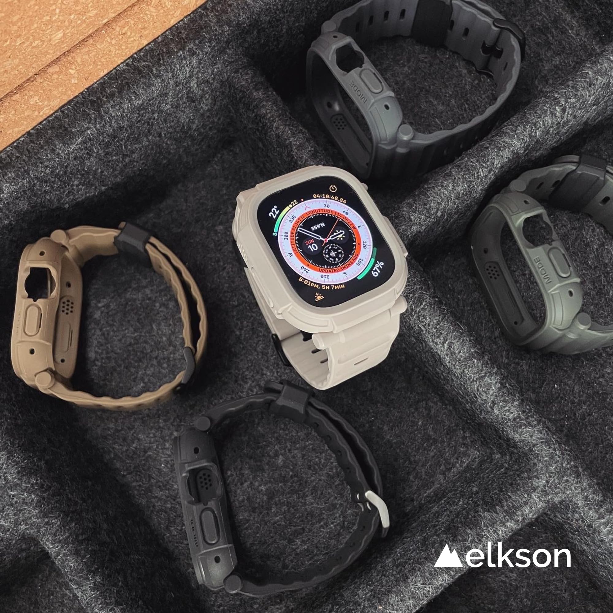 elkson Made for Apple Watch Ultra 2 1 Band case 49mm Screen Protector Tempered Glass, Quattro Pro Series Rugged for iWatch Bumper Strap Military Grade Durable Protective Cover Shock Proof Brown Tan