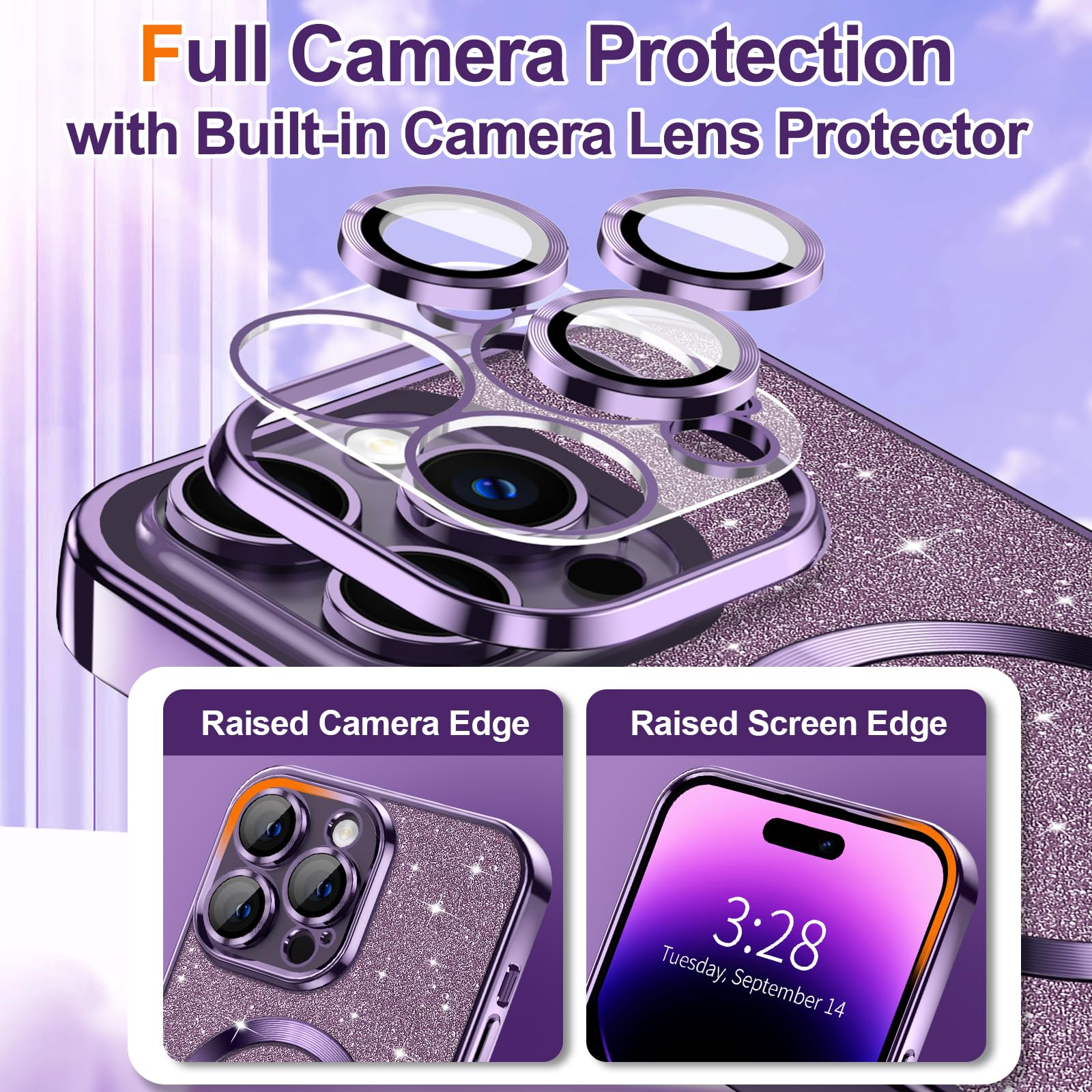 Hython for iPhone 14 Pro Max Case Glitter, Clear Magnetic Phone Cases with Camera Lens Protector [Compatible with MagSafe] Bling Sparkle Plating Soft TPU Slim Shockproof Protective Cover Women-Purple