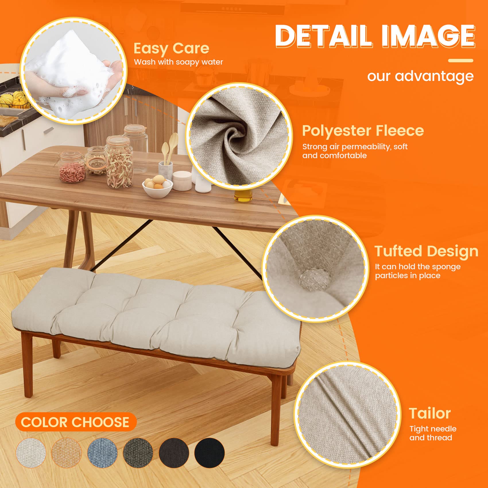RULAER Indoor 45x16 Inch Durable Bench Cushion Outdoor Non-Slip Tufted Garden Patio Furniture Cushions Two Straps Thickened Soft Kitchen Bench Pads