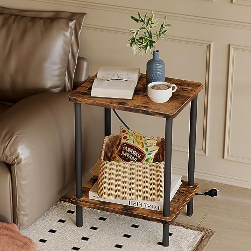 Fixwal 2-Tier Nightstand with Charging Station, End Table Set of 2, Side Table with USB Ports and Power Outlets, Side Table for Living Room, Bedroom, Rustic Brown and Black