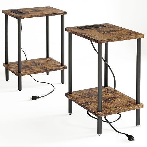 Fixwal 2-Tier Nightstand with Charging Station, End Table Set of 2, Side Table with USB Ports and Power Outlets, Side Table for Living Room, Bedroom, Rustic Brown and Black