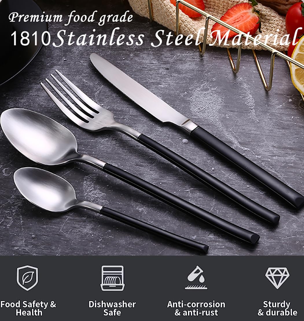 Thomaso 24-piece Black Handle and Silver Silverware Set,1810 Stainless Steel Flatware Service for 6, Cutlery Set with Black Streamlined Handle,Silver Spoons and Forks Set, Dishwasher Safe