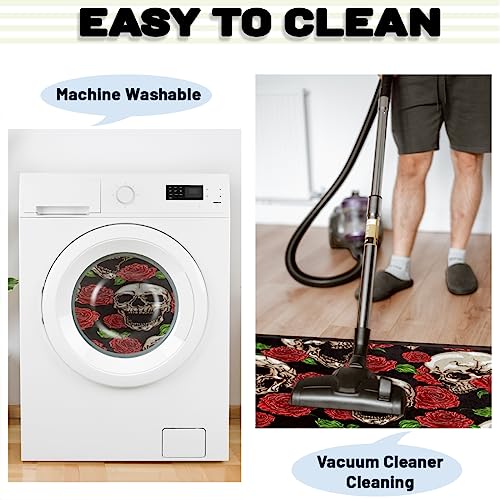 KOBLEN Skull and Red Roses Kitchen Rugs Non Slip Washable Absorbent Kitchen Mats 20x39 inch Cushioned Anti Fatigue Kitchen Floor Mats for in Front of Sink