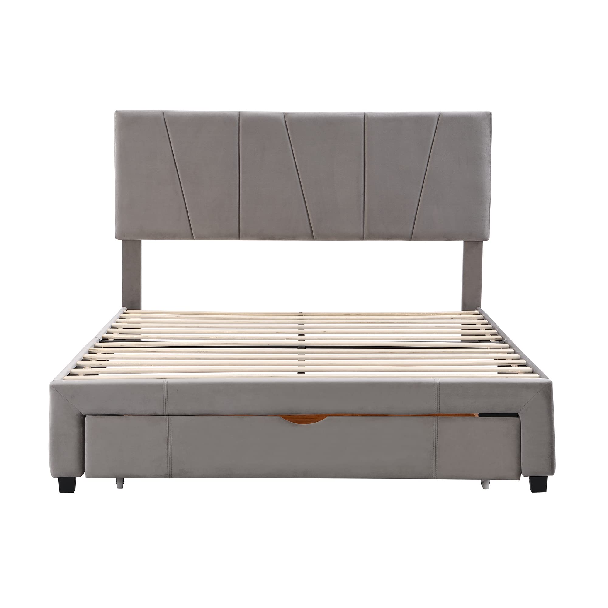 Lepfun Queen Size Upholstery Platform Bed, Wooden Queen Size Platform Bed Frame with 1 Drawer and Adjustable Headboard, Queen Storage Bed for Kids Teens Adult Bedroom (Grey)