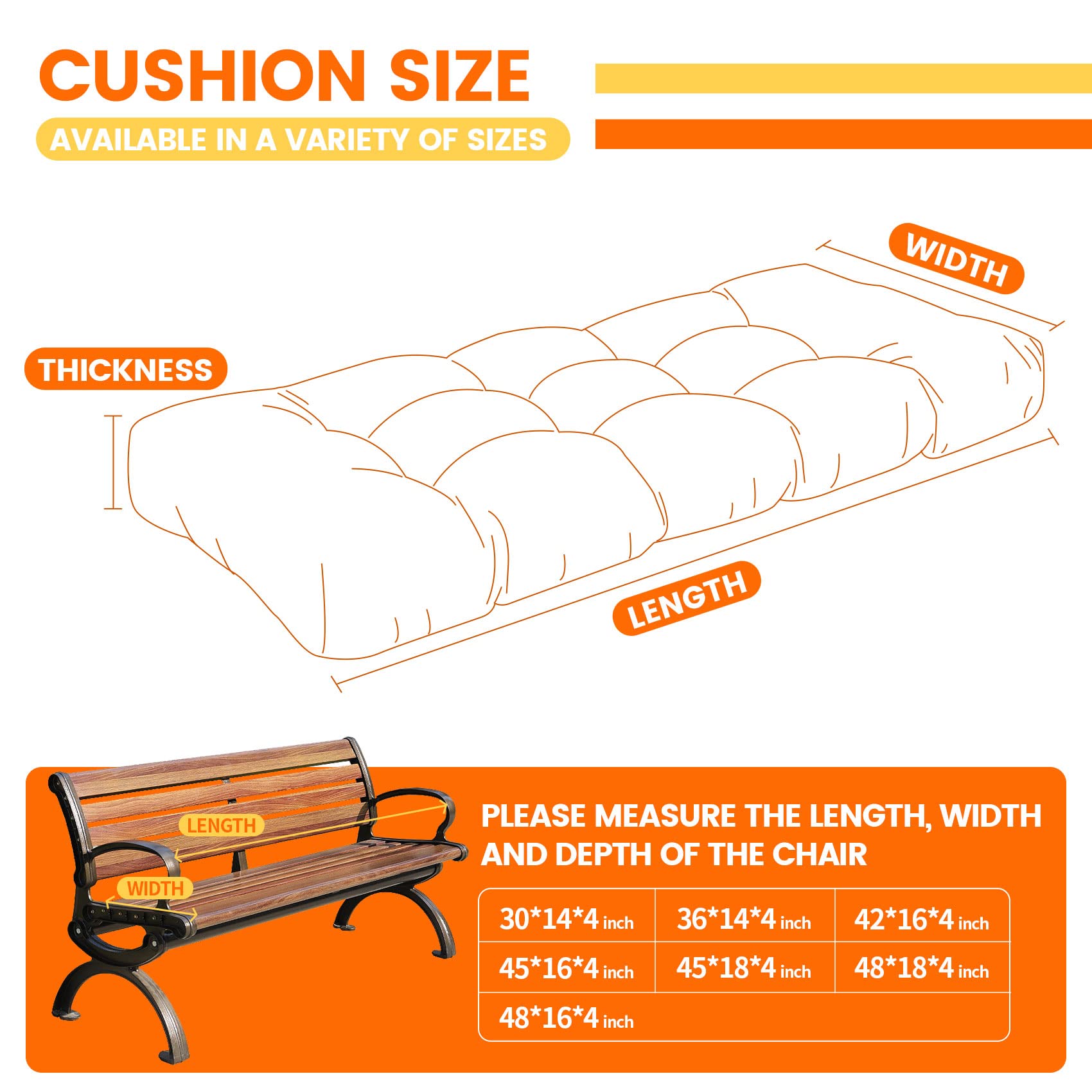 RULAER Indoor 45x16 Inch Durable Bench Cushion Outdoor Non-Slip Tufted Garden Patio Furniture Cushions Two Straps Thickened Soft Kitchen Bench Pads
