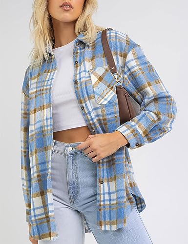 LUYAA Plaid Shirts for Women Long Sleeve Oversized Flannel Shirts Shacket Fleece Lined Coat Trendy 2023 Clothing Blue S