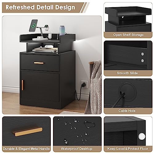 Tcpuolr Nightstand with Charging Station & Cabinet Storage, Led Night Stand with Drawer & Open Shelf, Bedside Table with Top Baffle, End Table for Bedroom, Living Room, Black