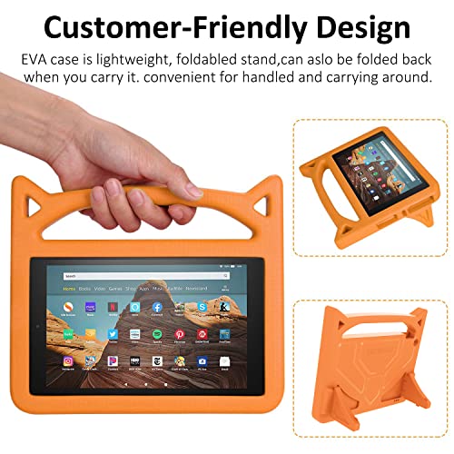 Kids Case for HD10 Tablet(9th/7th/5th Generation,2019/2017/2015 Release)-SHREBORN Lightweight Shockproof Case with Cute Cat Handle Stand, Not fit iPad Samsung 10 inch Tablet-Orange