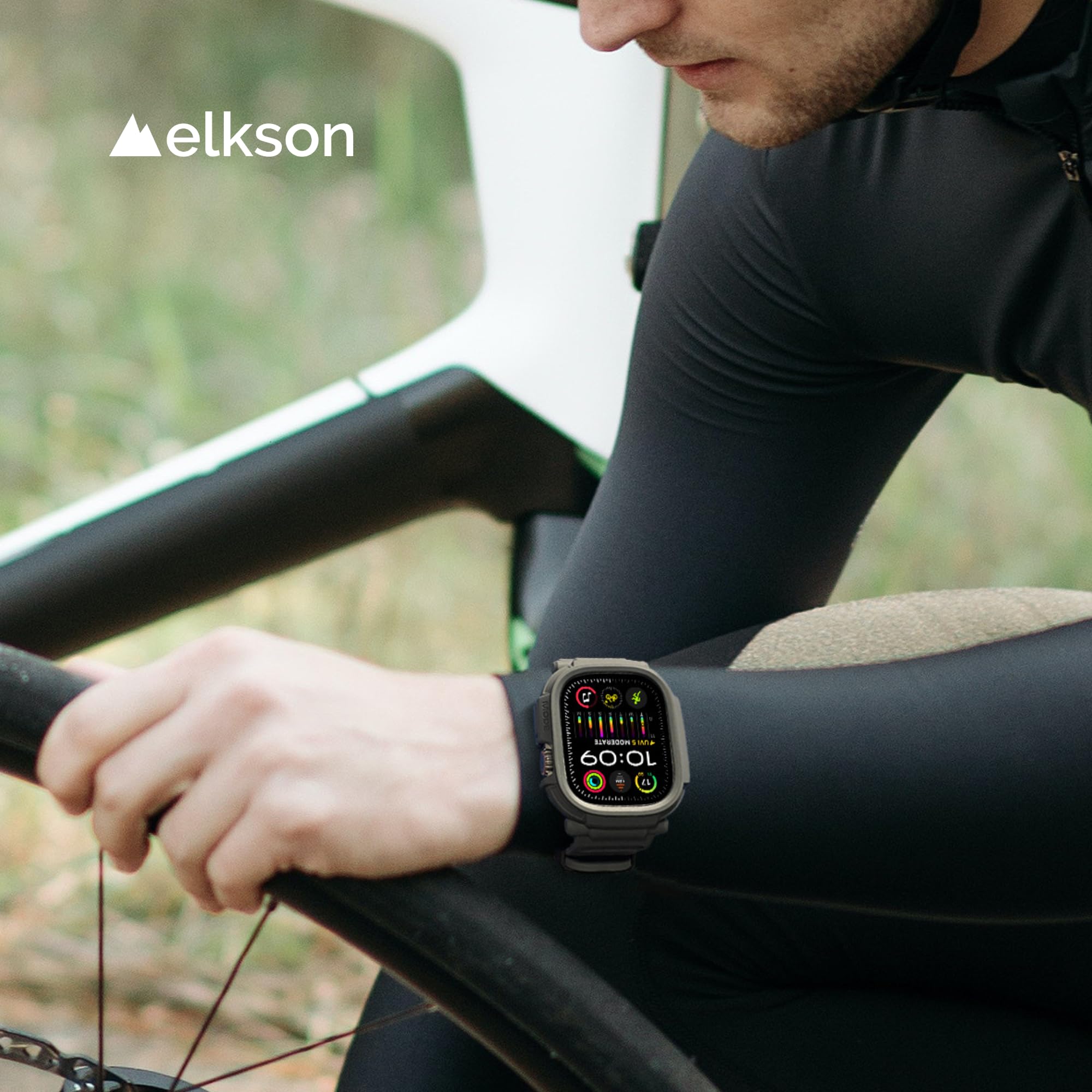 elkson Made for Apple Watch Ultra 2 1 Band case 49mm Screen Protector Tempered Glass, Quattro Pro Series Rugged for iWatch Bumper Strap Military Grade Durable Protective Cover Shock Proof Brown Tan