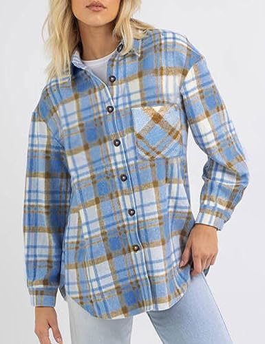 LUYAA Plaid Shirts for Women Long Sleeve Oversized Flannel Shirts Shacket Fleece Lined Coat Trendy 2023 Clothing Blue S