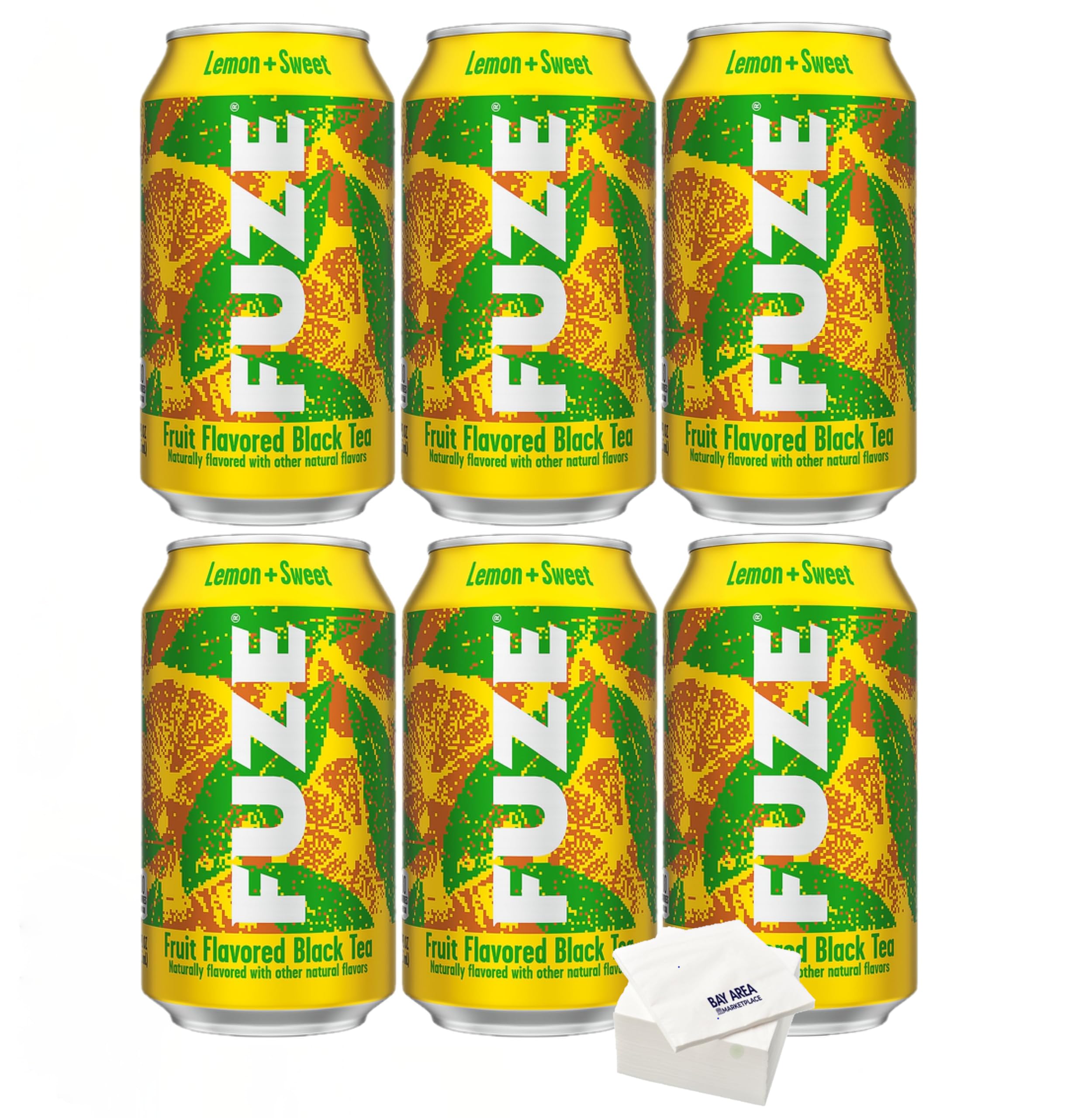 Fuze Lemon and Sweet Tea, 12oz Cans, (Pack of 6) with Bay Area Marketplace Napkins