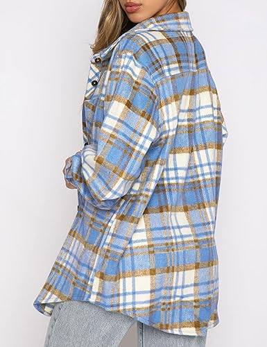 LUYAA Plaid Shirts for Women Long Sleeve Oversized Flannel Shirts Shacket Fleece Lined Coat Trendy 2023 Clothing Blue S