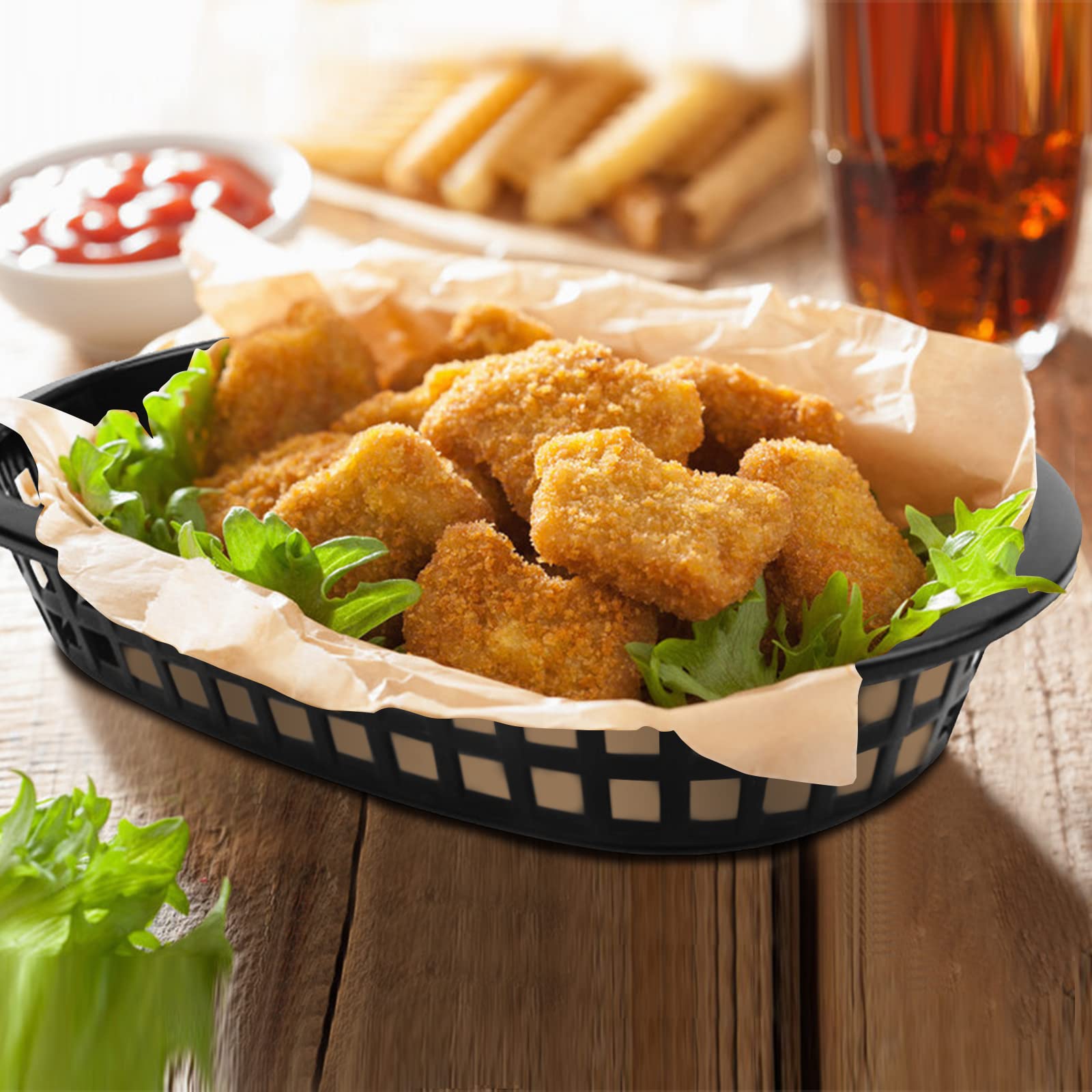 RAOOKIF 15 Pack Fast Food Baskets, Black Plastic Baskets, Great for Fast Food Restaurant Supplies, Plastic Foodservice Bread, Burger & Fries Tray Platter Set For Party (Black)