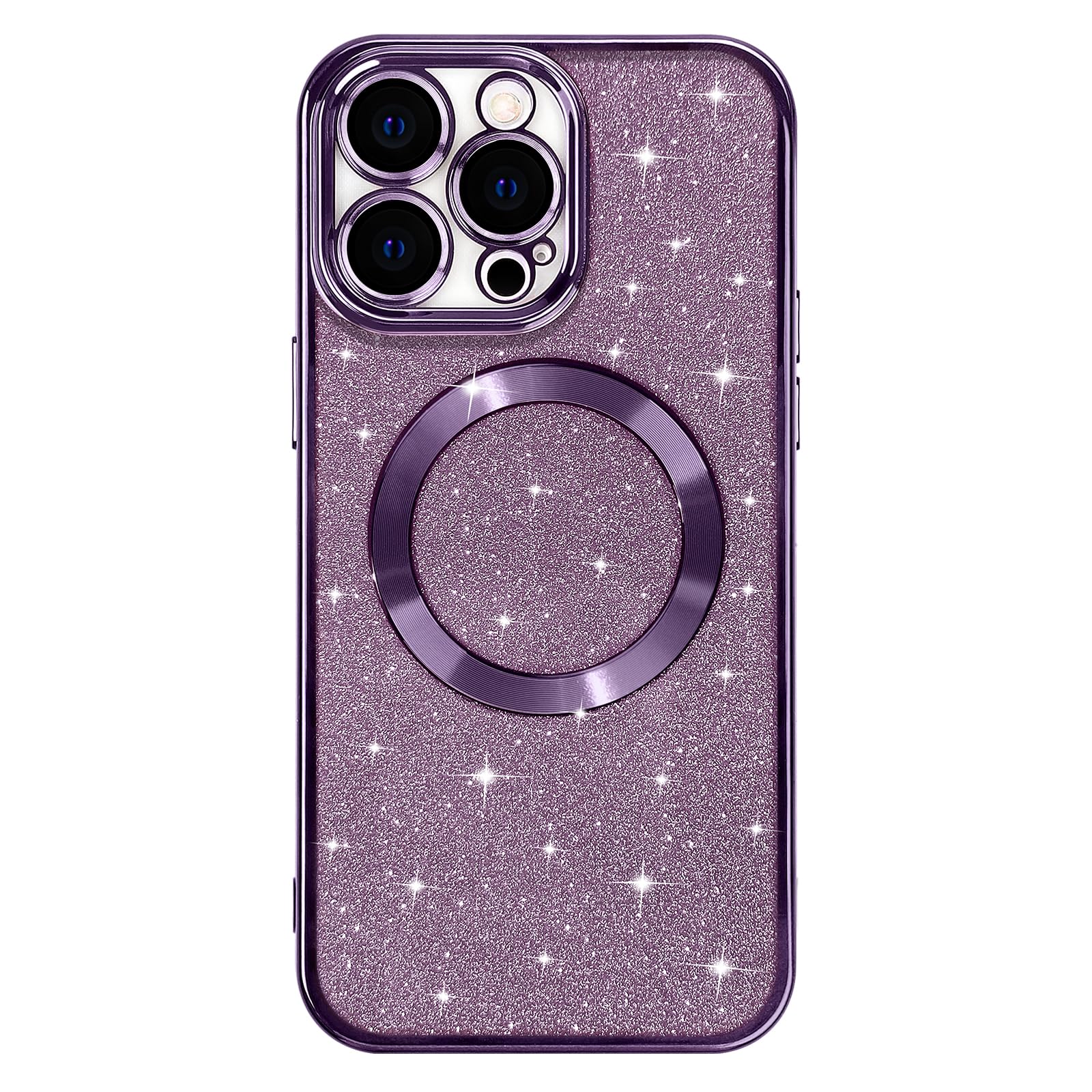 Hython for iPhone 14 Pro Max Case Glitter, Clear Magnetic Phone Cases with Camera Lens Protector [Compatible with MagSafe] Bling Sparkle Plating Soft TPU Slim Shockproof Protective Cover Women-Purple