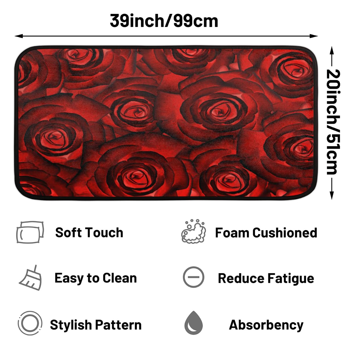 KOBLEN Red Roses Flower Kitchen Rugs Non Slip Washable Absorbent Kitchen Mats 20x39 inch Cushioned Anti Fatigue Kitchen Floor Mats for in Front of Sink