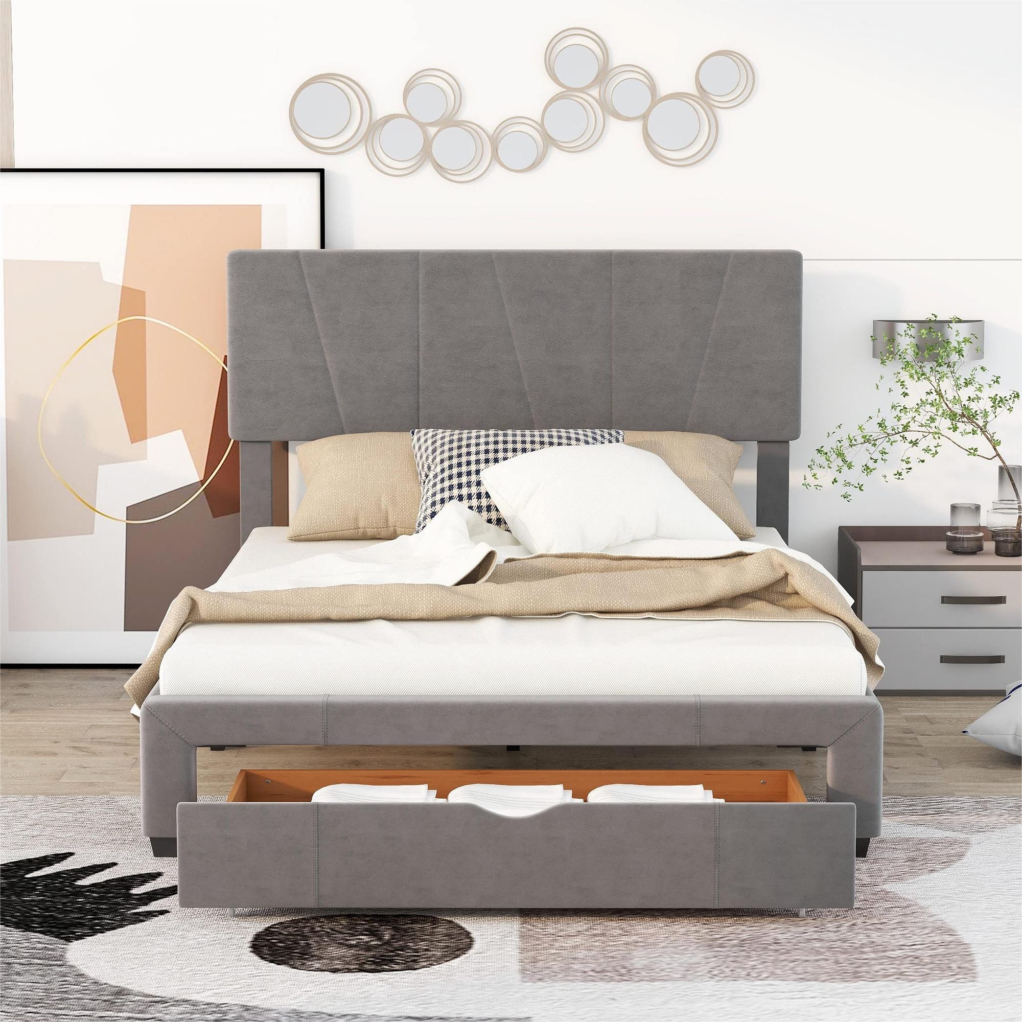 Lepfun Queen Size Upholstery Platform Bed, Wooden Queen Size Platform Bed Frame with 1 Drawer and Adjustable Headboard, Queen Storage Bed for Kids Teens Adult Bedroom (Grey)