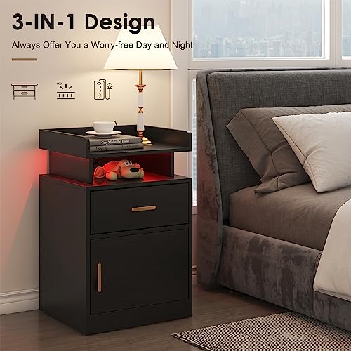 Tcpuolr Nightstand with Charging Station & Cabinet Storage, Led Night Stand with Drawer & Open Shelf, Bedside Table with Top Baffle, End Table for Bedroom, Living Room, Black