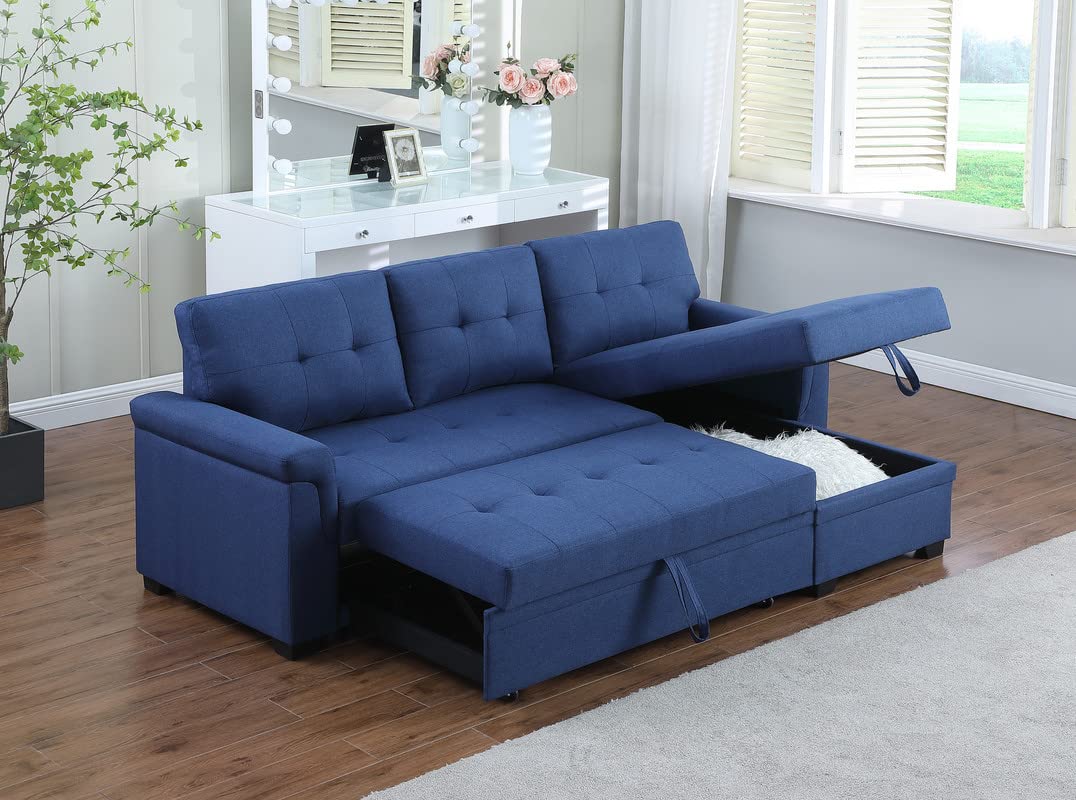 OPTOUGH L Shape Reversible Sectional Sofa Couch Pull Out Sleeper Bed with Storage Chaise for for Apartment, Living Room, Blue Linen