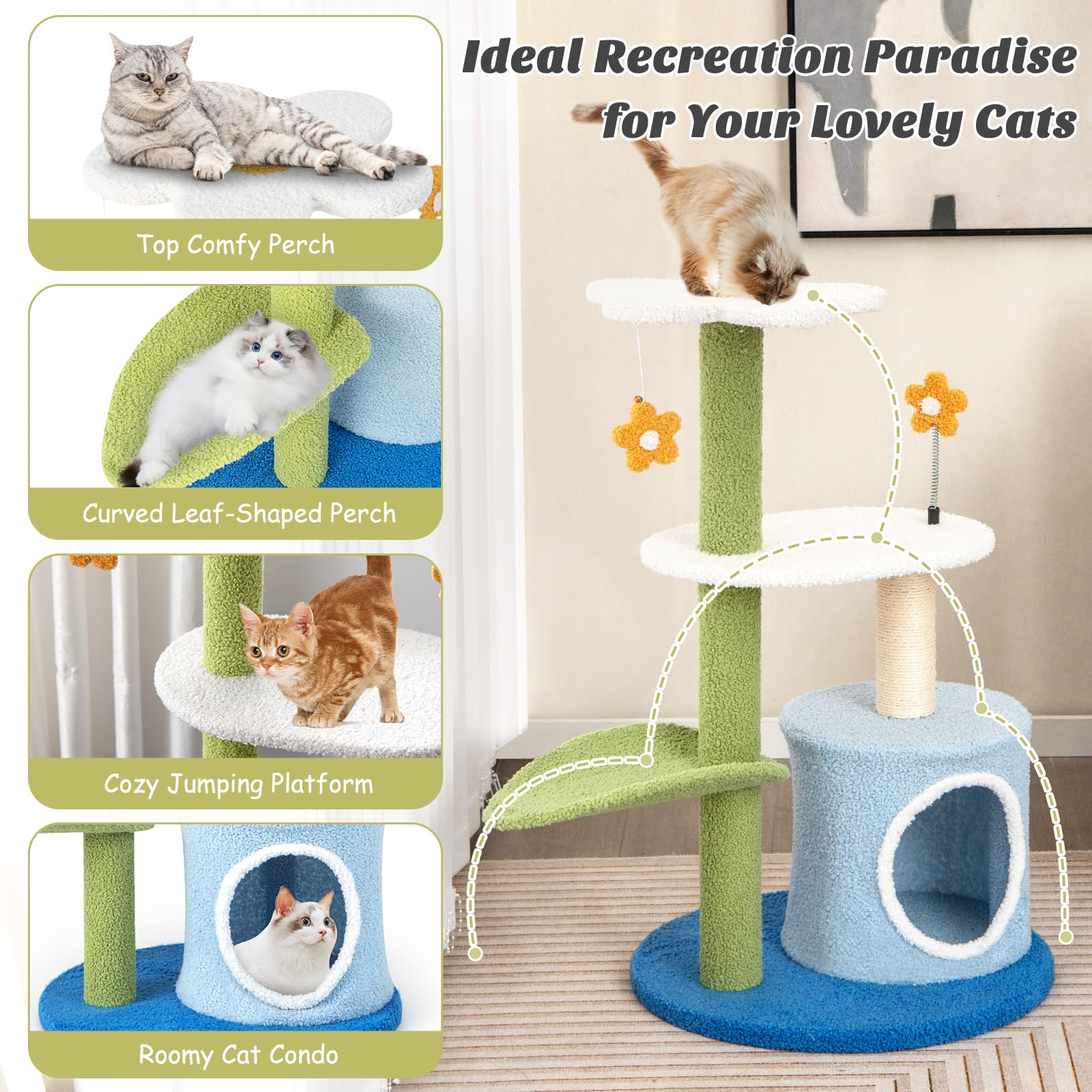 Tangkula Cute Cat Tree, Flower Cat Tower with Sisal Scratching Post, Plush Leaf-Shaped Perch, Roomy Condo, Fluffy Spring Ball & Jingling Ball, Small Cat Tree for Indoor Cats 20 lbs Heavy Duty