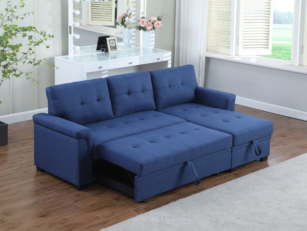 OPTOUGH L Shape Reversible Sectional Sofa Couch Pull Out Sleeper Bed with Storage Chaise for for Apartment, Living Room, Blue Linen