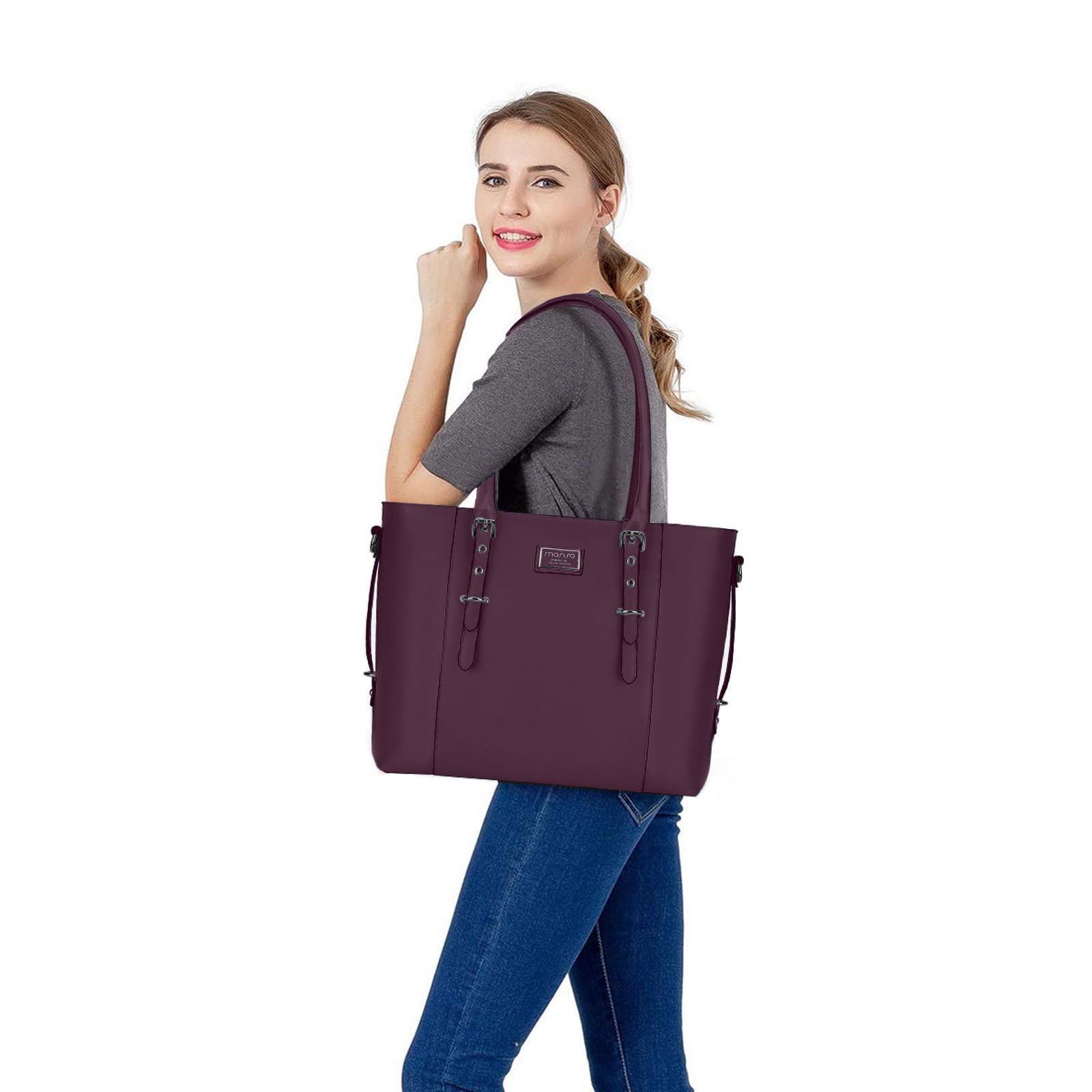 MOSISO PU Leather Laptop Tote Bag for Women (17-17.3 inch), Waterproof Large Capacity Business Work Briefcase Shoulder Laptop Bag, Plum