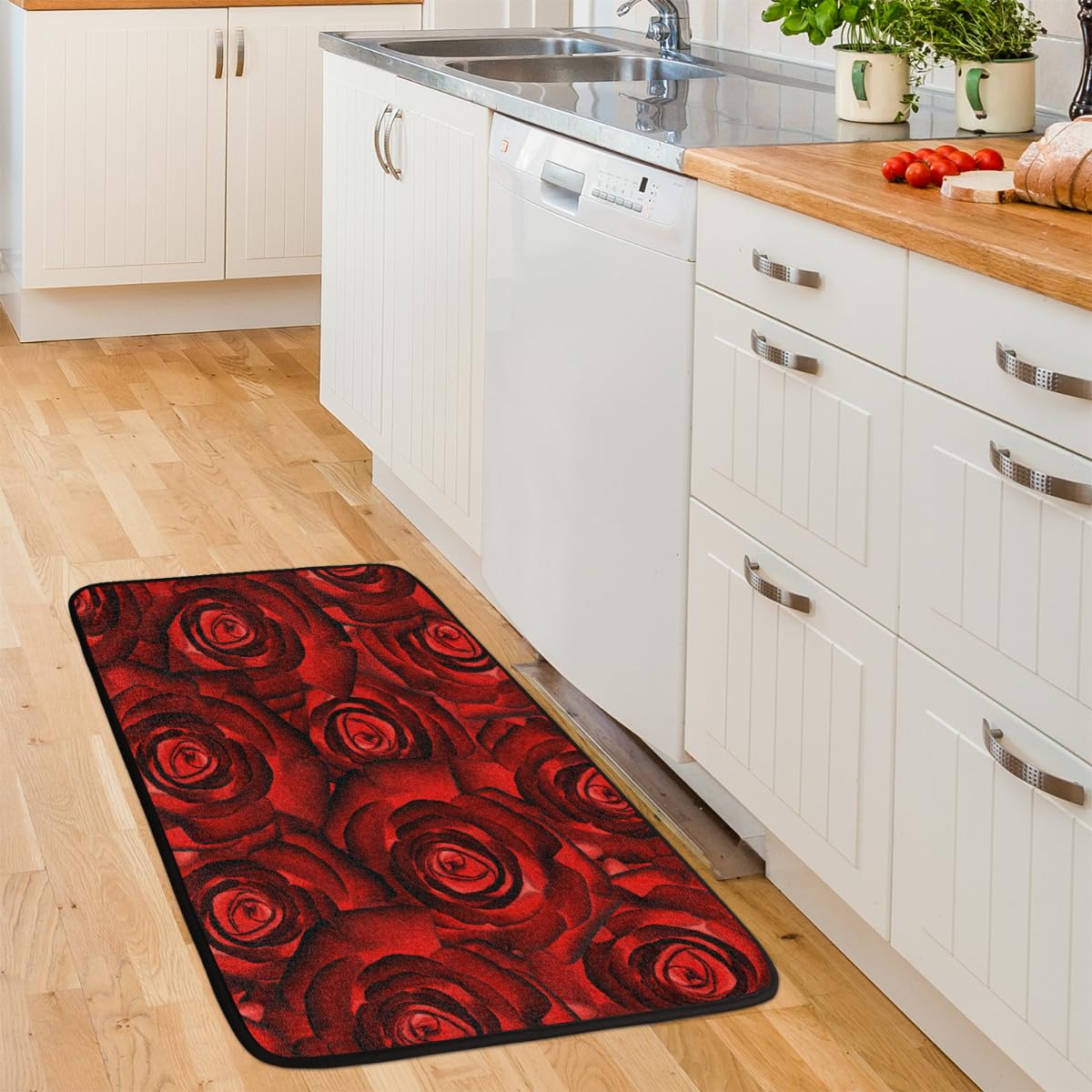 KOBLEN Red Roses Flower Kitchen Rugs Non Slip Washable Absorbent Kitchen Mats 20x39 inch Cushioned Anti Fatigue Kitchen Floor Mats for in Front of Sink