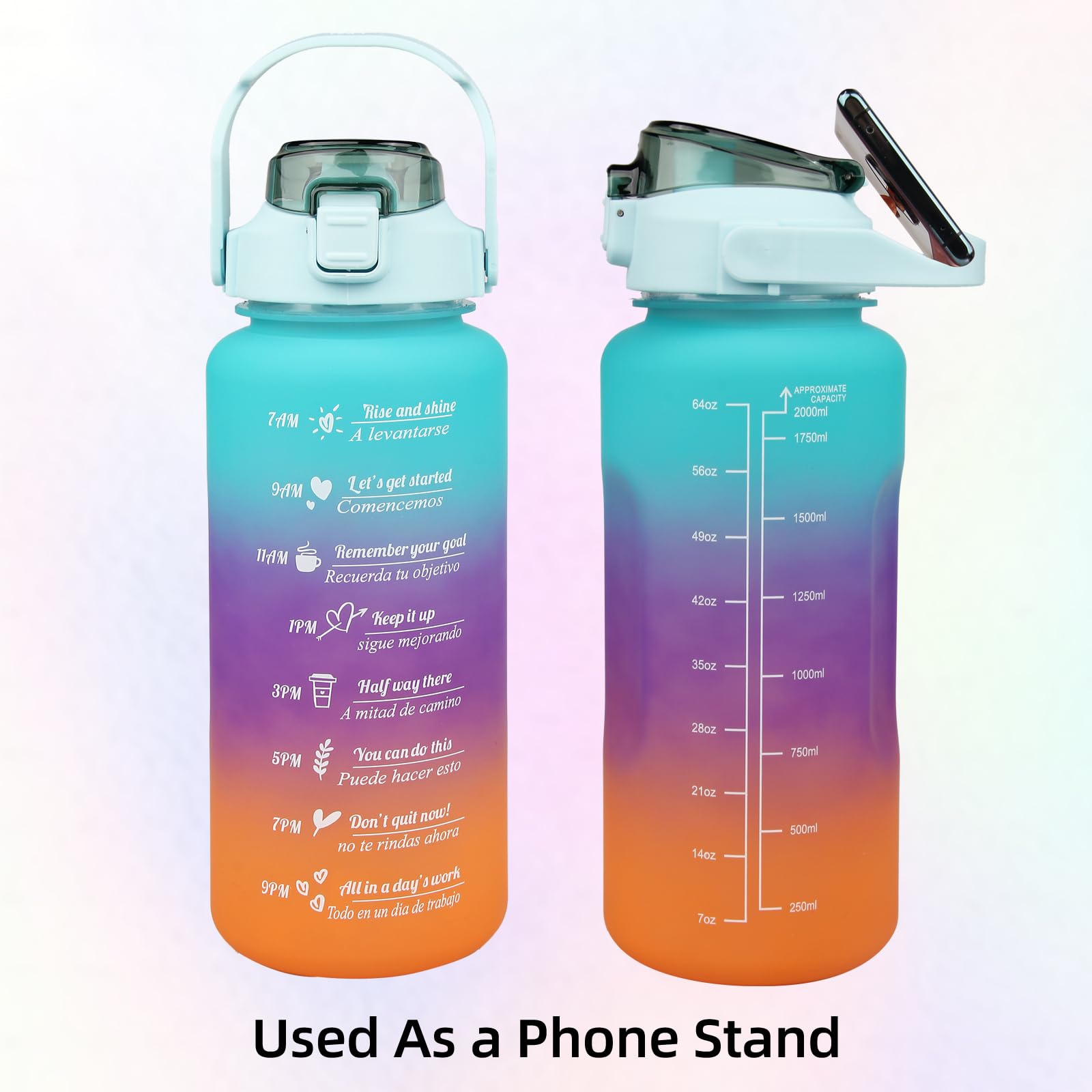 64 oz Water Bottle with Straw 3PCS Half Gallon Water Bottle with Time Marker Large Resuable Cut Motivational Water Bottle for Gym Sports Big Circle Pink Water Bottles with Handle (gradient blue)