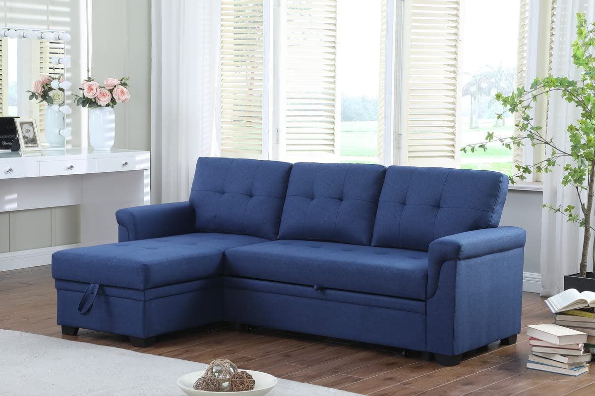 OPTOUGH L Shape Reversible Sectional Sofa Couch Pull Out Sleeper Bed with Storage Chaise for for Apartment, Living Room, Blue Linen