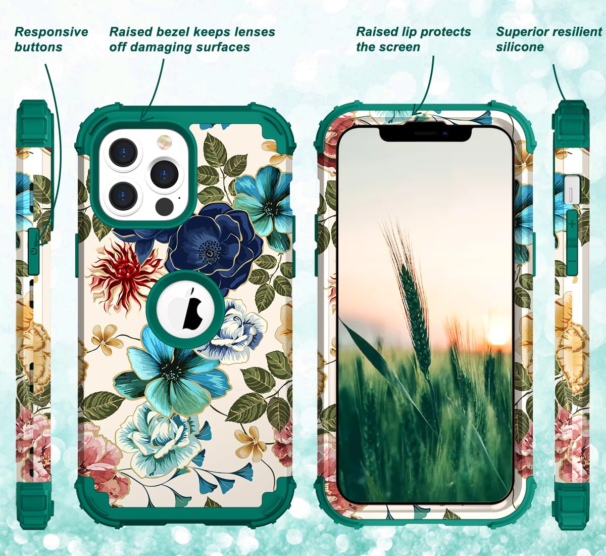 Hocase for iPhone 13 Pro Max Case, Heavy Duty Shockproof Protection Soft Silicone Rubber Bumper+Hard Plastic Hybrid Protective Case for iPhone 13 Pro Max (6.7") 2021 - Teal Flowers